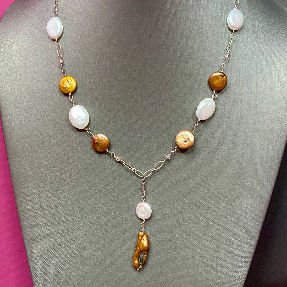 ️ Sterling Two Tone Coin & Biwa Pearl Y Necklce – Hudson Vintage